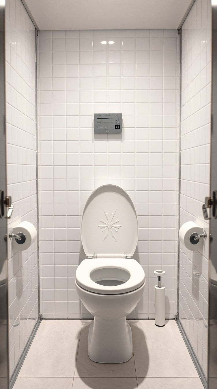 A perfectly symmetrical all-white restroom, a toilet with a geometric ...