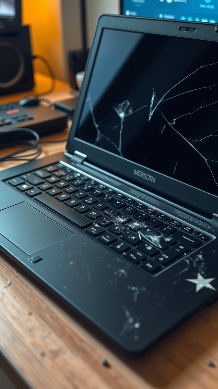 A gaming laptop with a cracked screen and dents, lying on a desk with ...