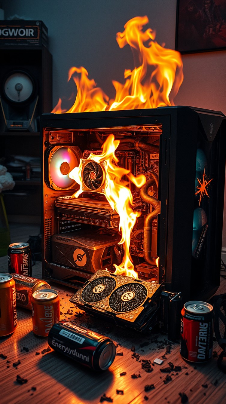 A completely burned-out gaming PC, burning, with a melted GPU, lying on ...