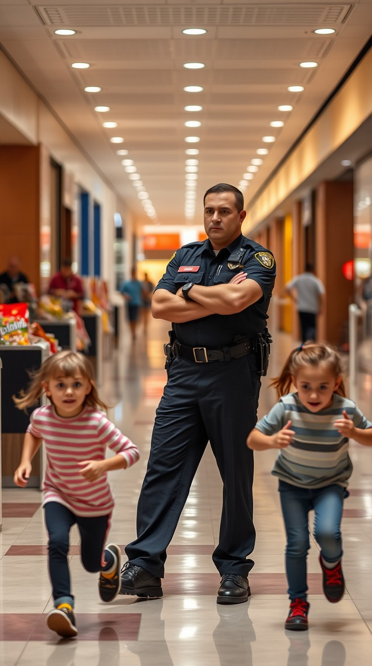 A security guard in a shopping mall, standing with arms crossed ...