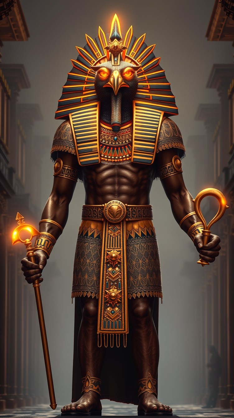 “A hyper-realistic, full-body depiction of the Egyptian sun god “Ra ...