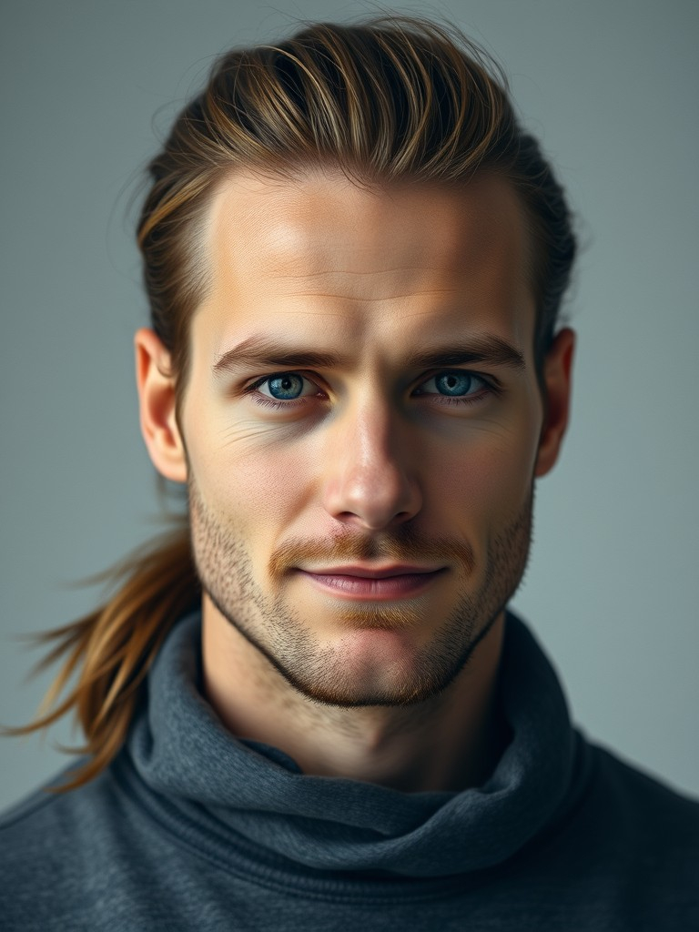 man with Chestnut brown hair tied in a ponytail at the nape of the neck ...