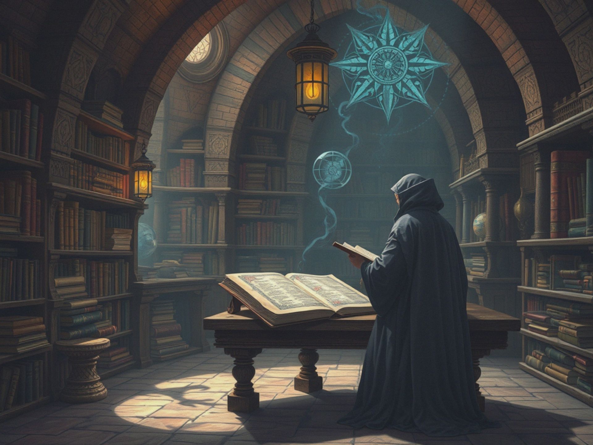 A majestic medieval library, with towering shelves filled with ancient books, scrolls, and maps ...