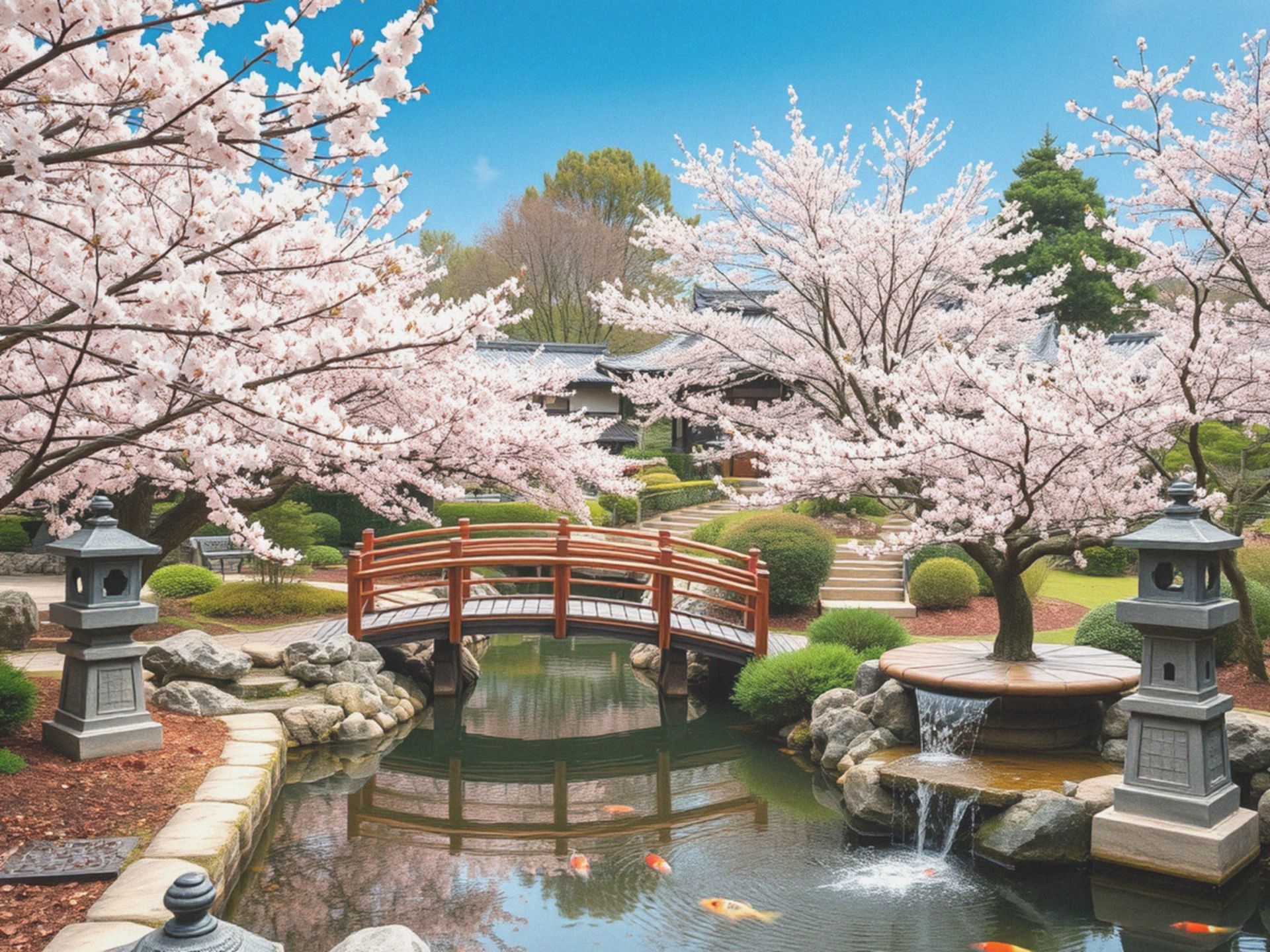 A serene Japanese garden in spring, with cherry blossoms in full bloom ...