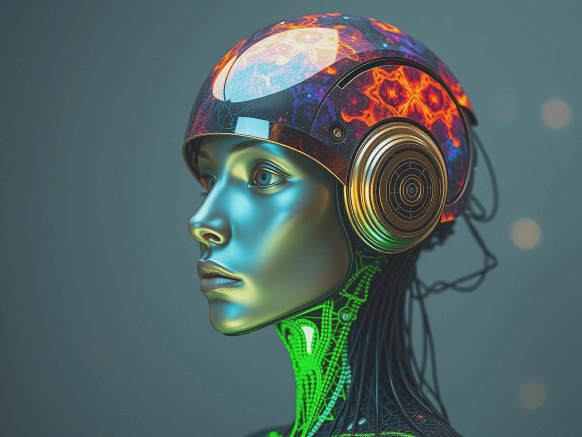 The woman is a sleek, featureless humanoid with a metallic, reflective ...