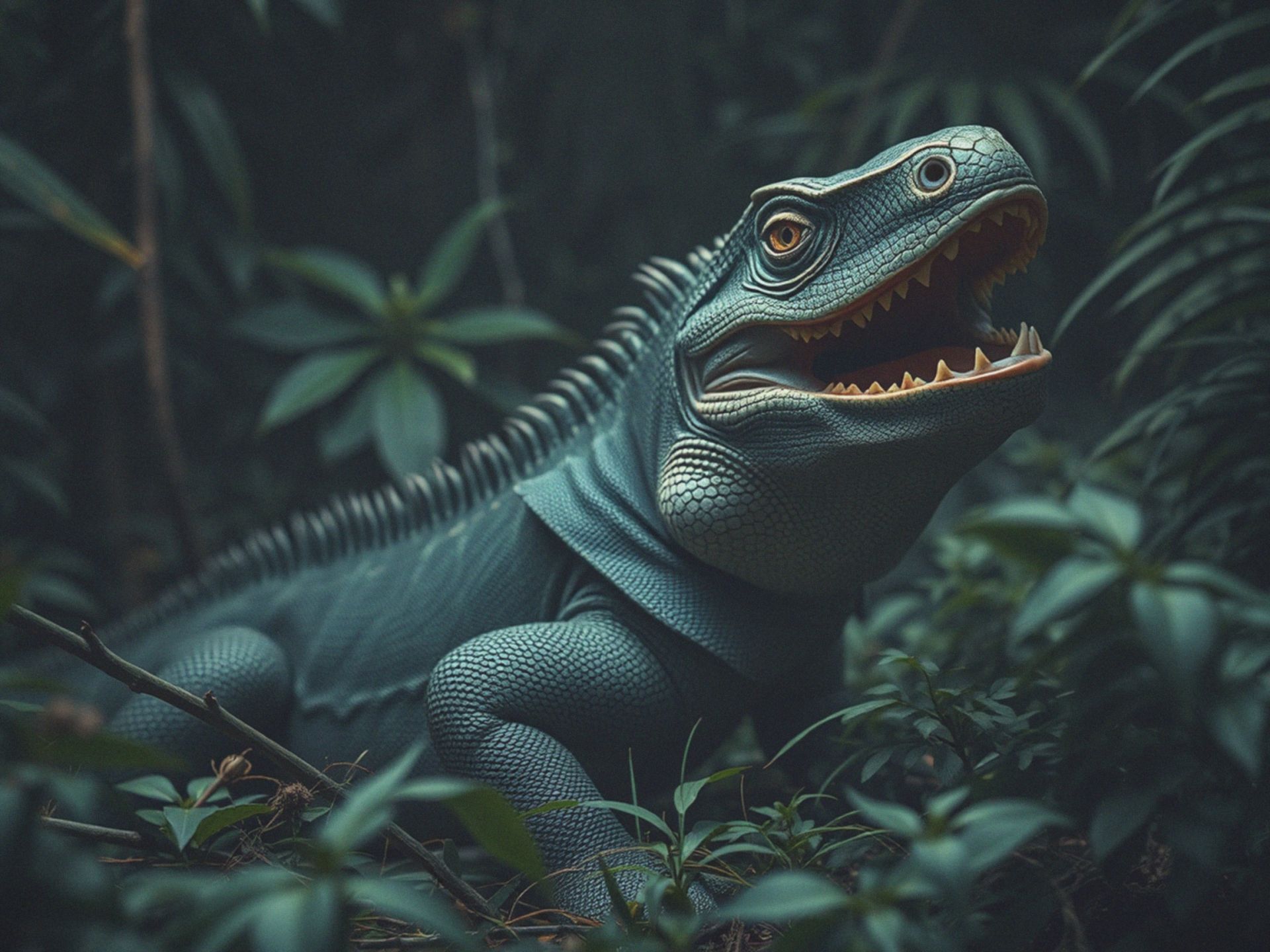 A giant lizard crawling through the jungle. The lizard has jagged teeth ...