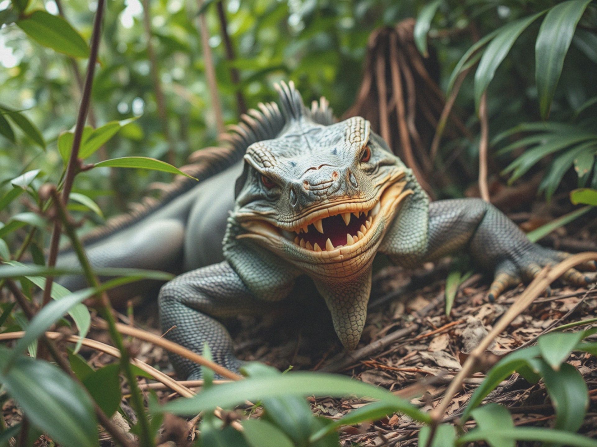 A giant lizard crawling through the jungle. The lizard has jagged teeth ...