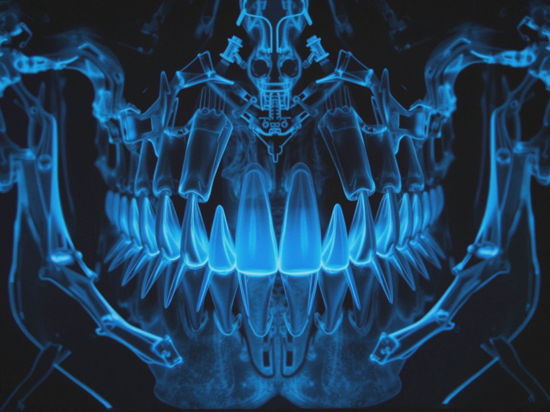 Dental X-ray showing a full set of adult teeth in blue tones ...