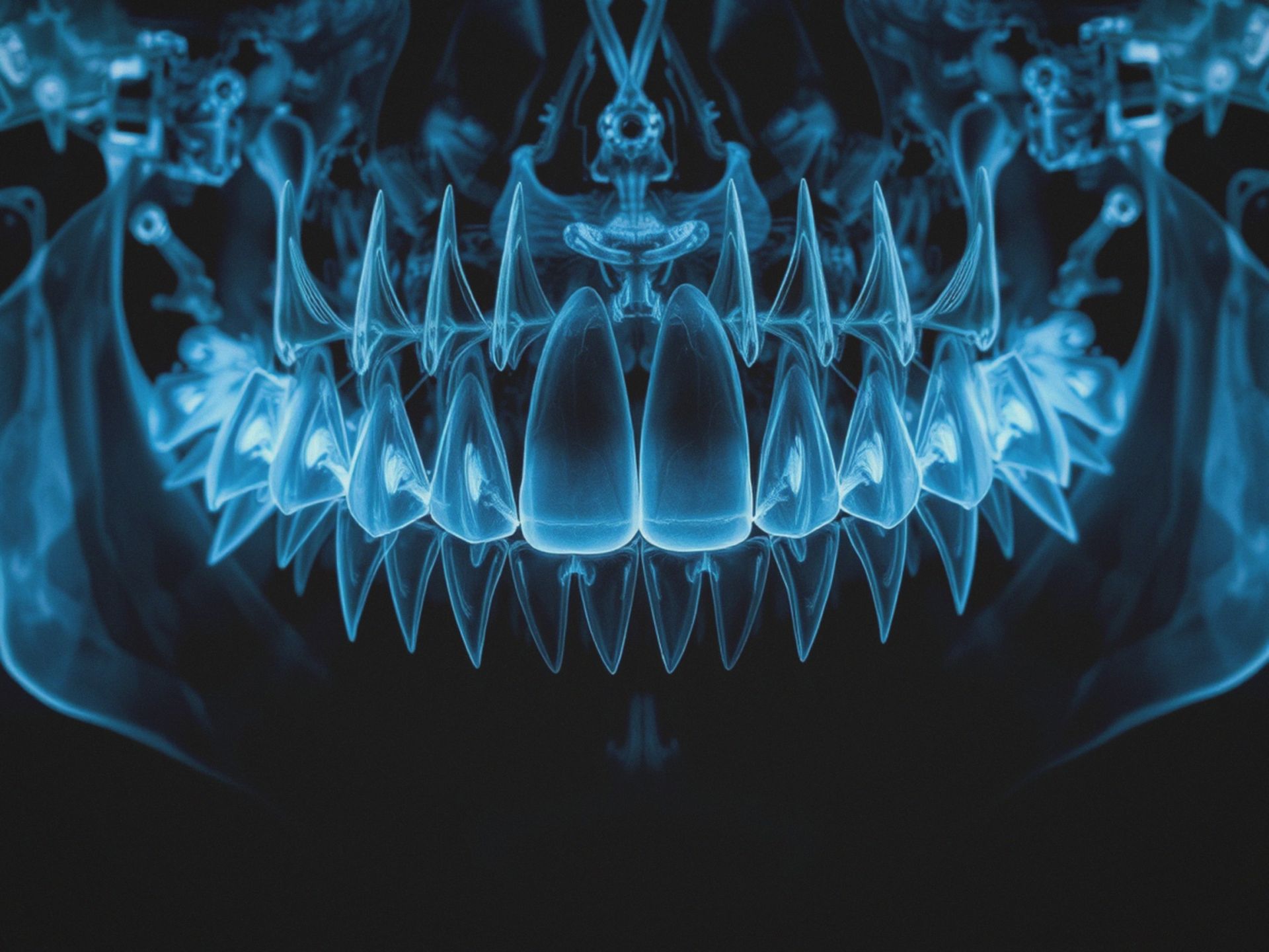 Dental X-ray showing a full set of adult teeth in blue tones ...