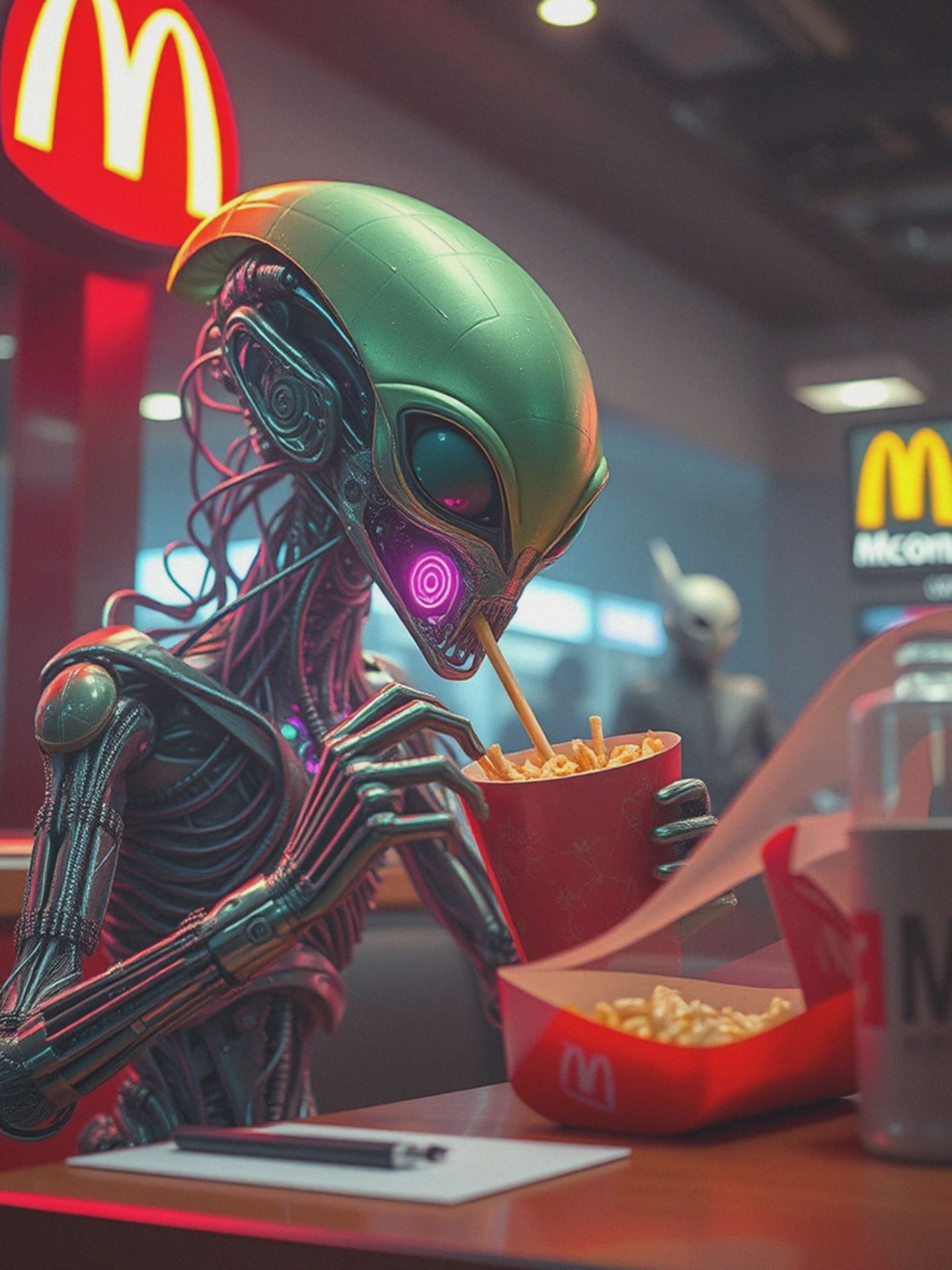 A professional photography of a martian alien eating a Happy meal in ...