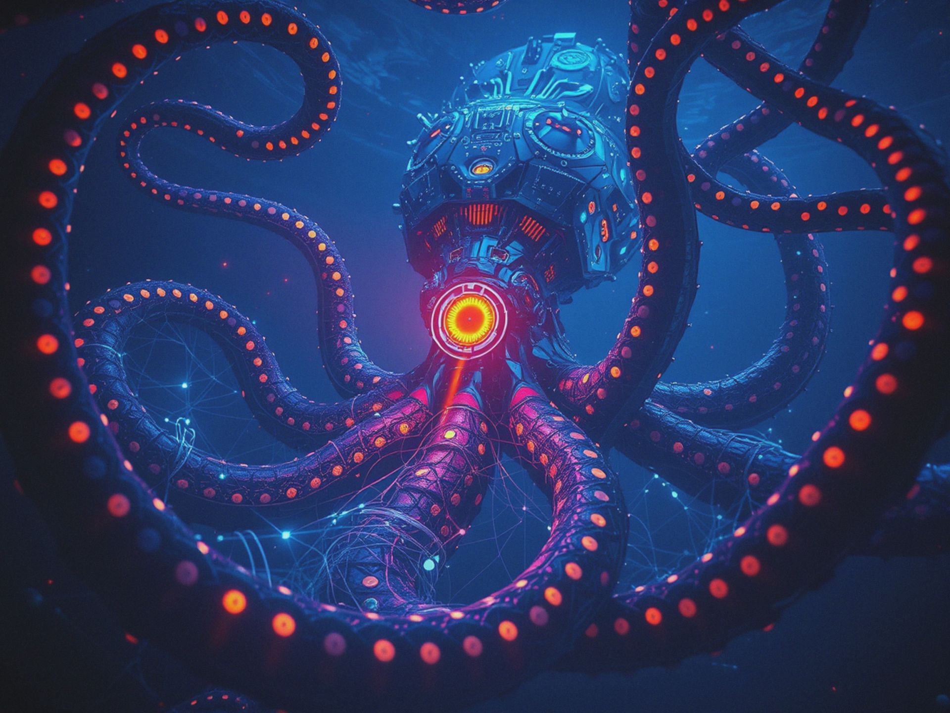 In the depths of an indigo ocean abyss, a colossal octopus creature ...
