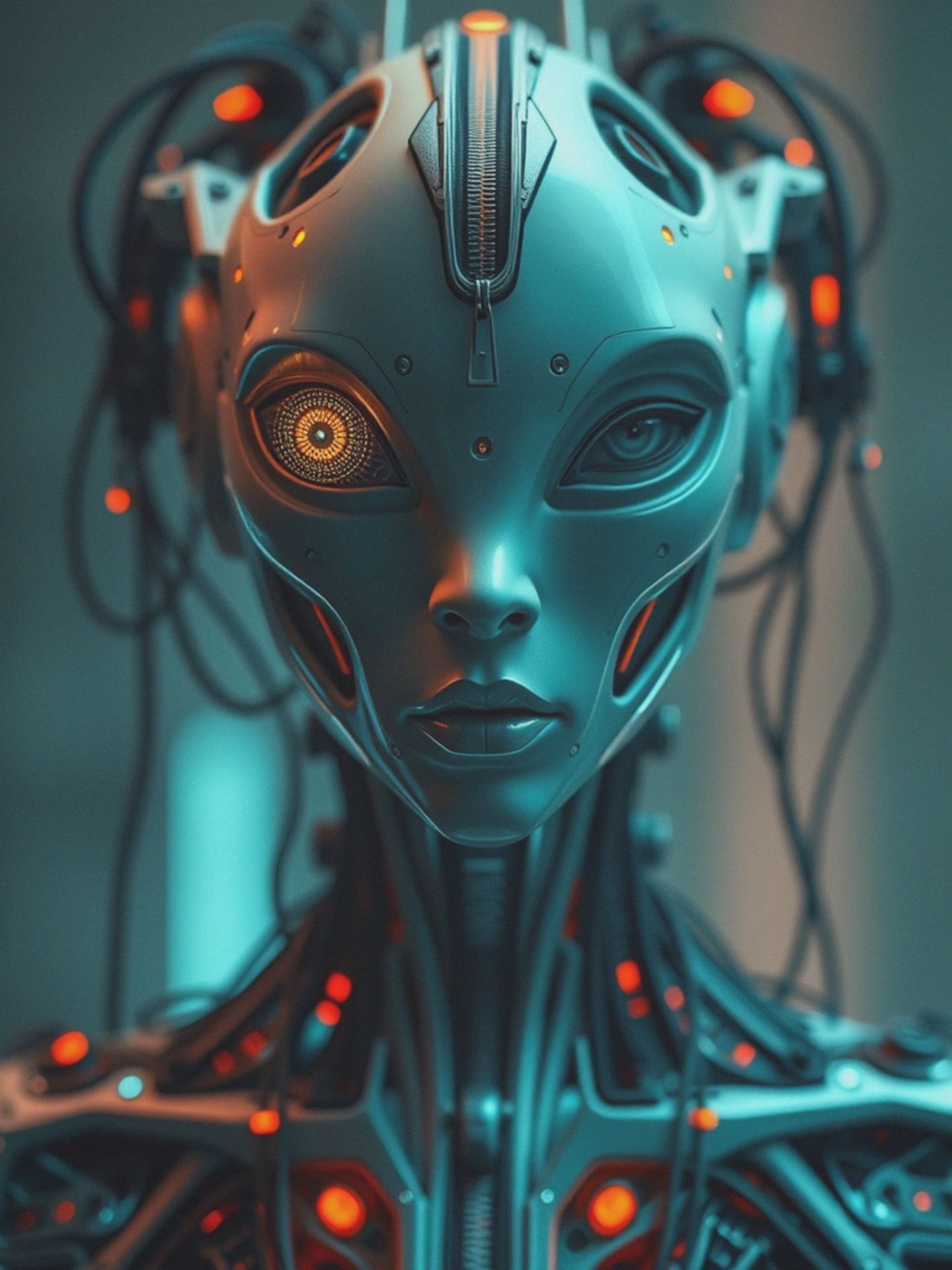 A beautiful alien wearing a human suit with zipper, extra eye on ...