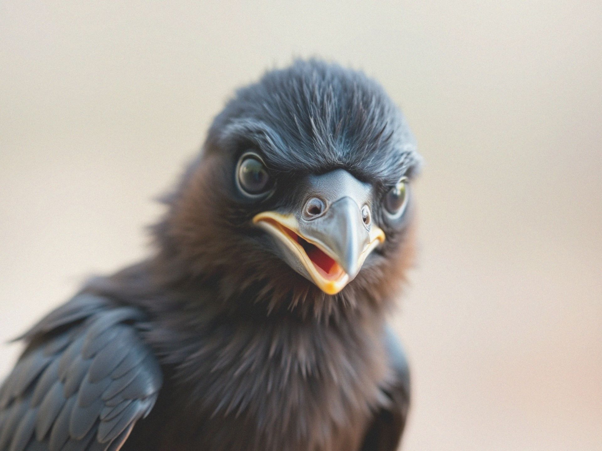 Create a cute and cute baby crow with cute eyes, looking in front of ...