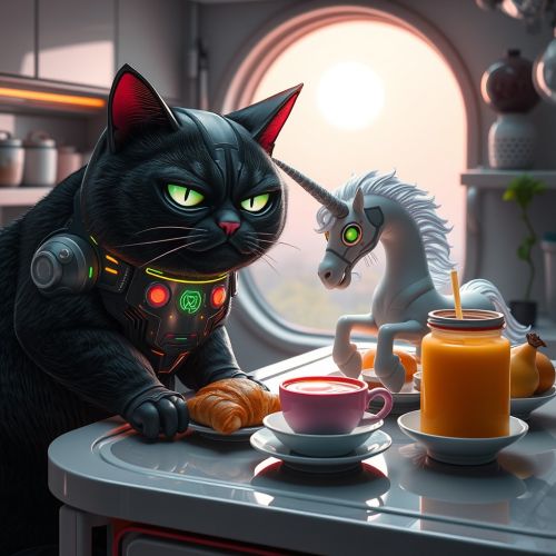 a chubby grumpy black cat sitting at a small toy table with a plush ...