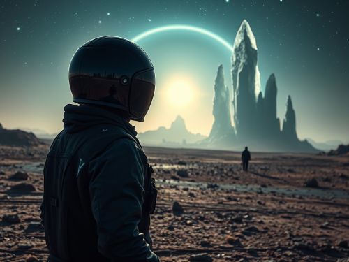 A cosmic traveler stands on the surface of an alien planet, his ...