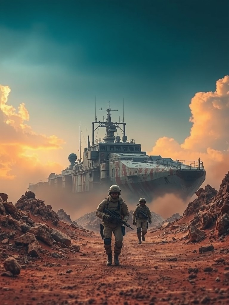 futuristic warzone landscape unfolds an industrial military ship ...