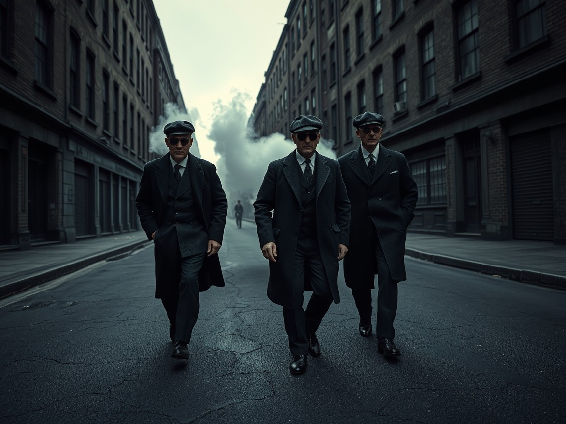 A dark and desolate city street, with worn-out buildings and cracked ...