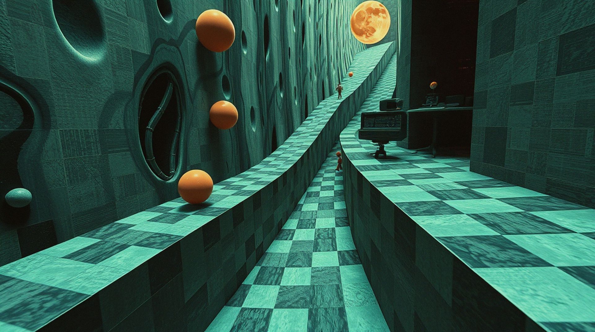 a still from a 2025 VR computer graphics game designed in 1984 ...