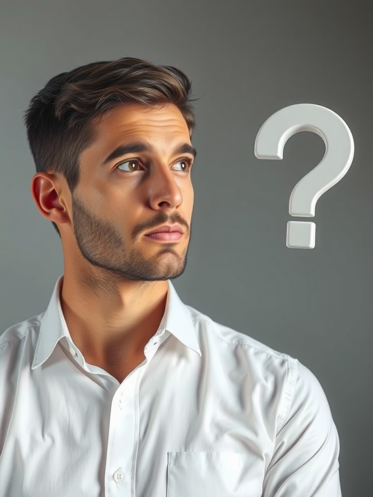 AIFusionArt - Man in White Shirt Contemplating a Floating Question Mark
