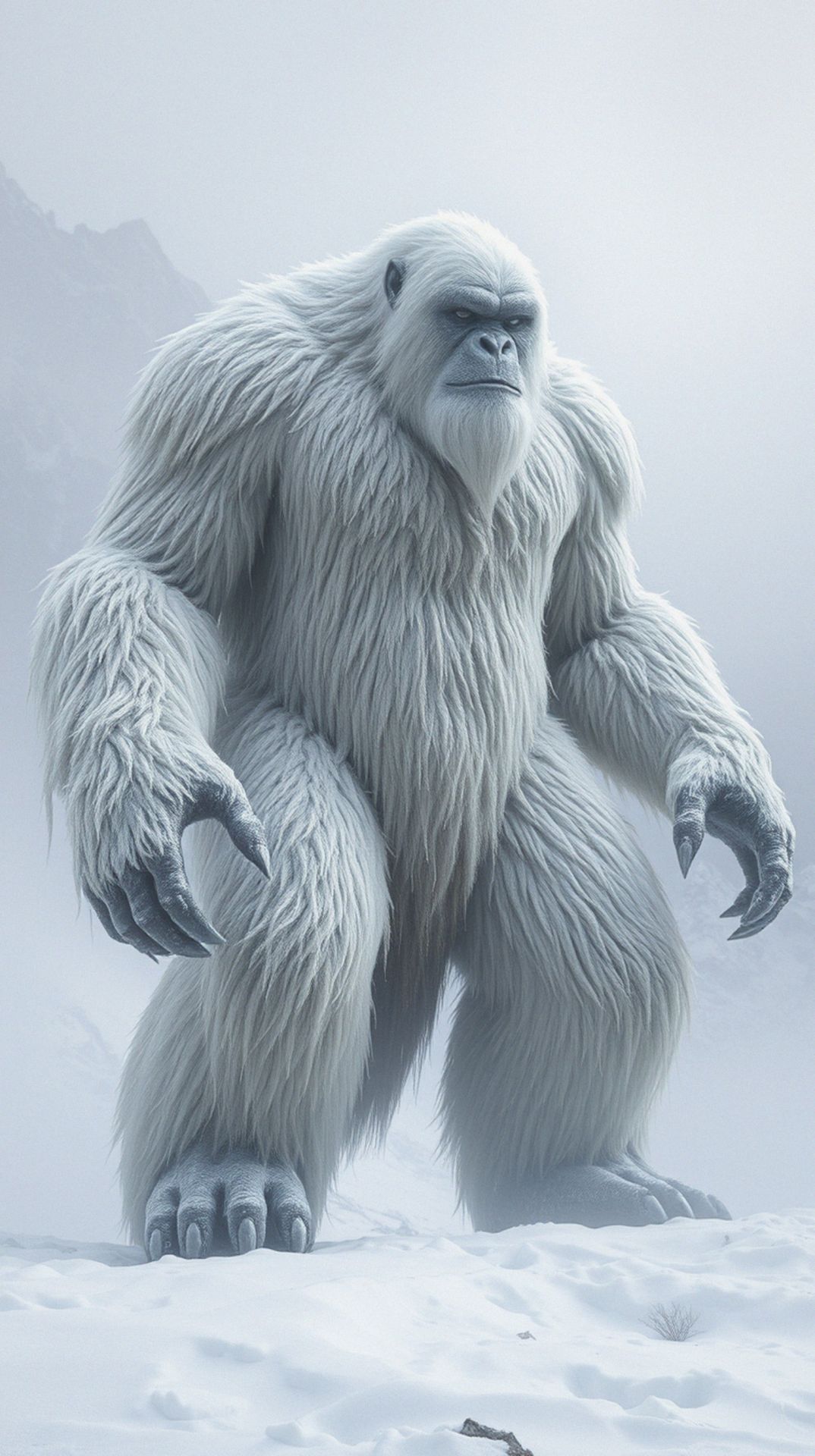 A towering humanoid covered in thick, shaggy white and gray fur ...