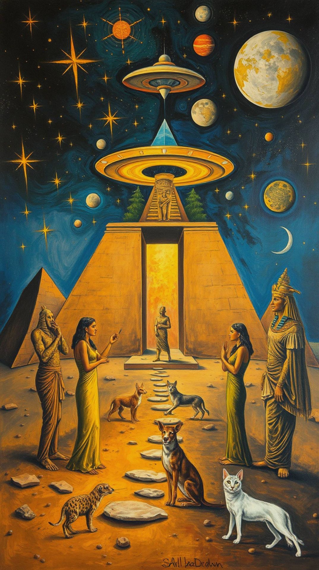 Picture of egiptyan peaple, stars, planets , portal , animals , womens and ufo, by salvador dali ...