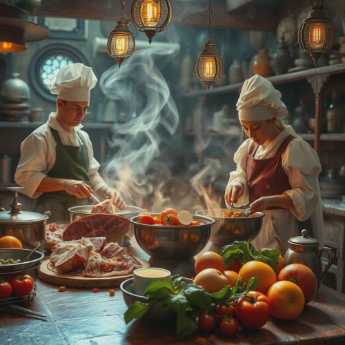 A vintage-style kitchen scene featuring multiple chefs and workers in ...
