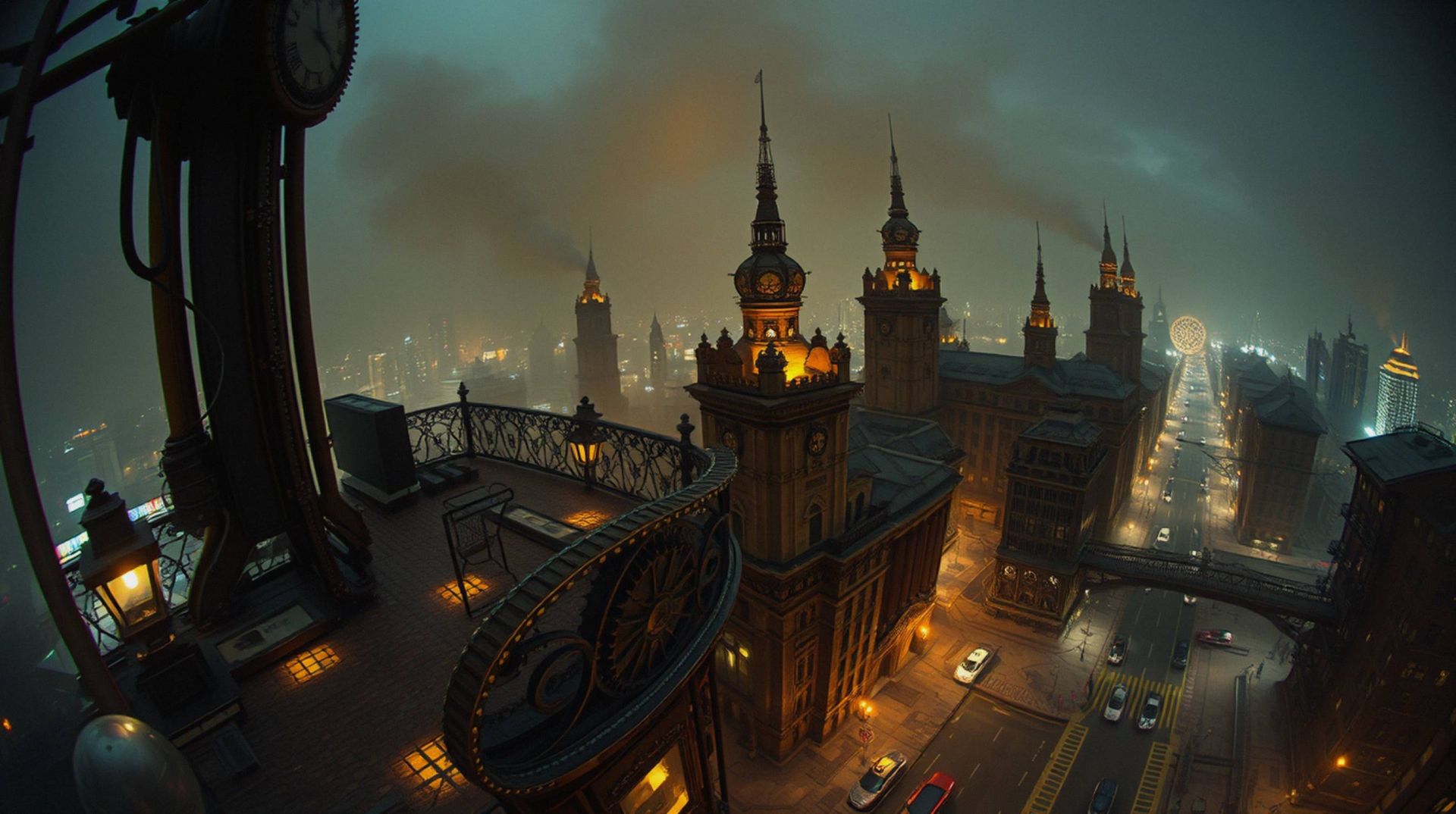 Panoramic 360 image wide-angle lens. View from a skyscraper balcony onto a foggy, rainy ...