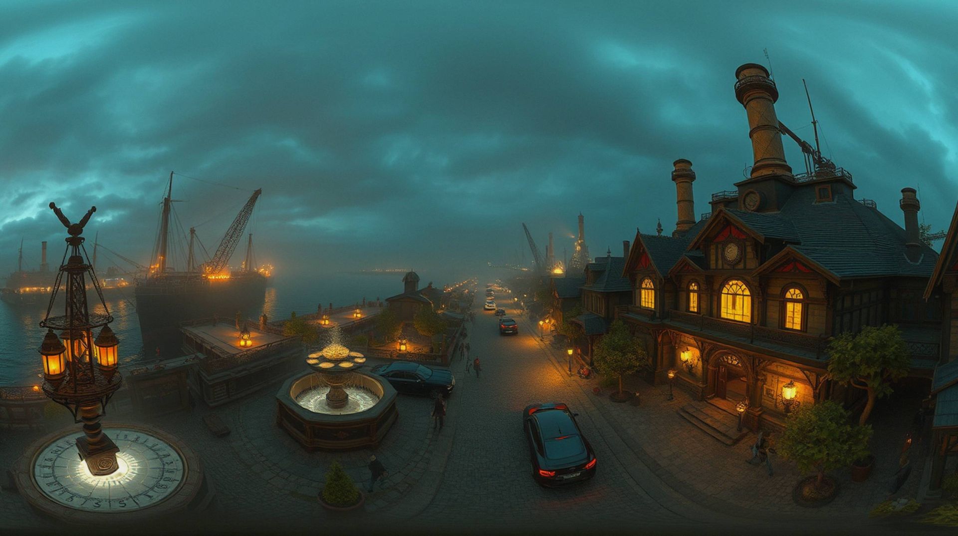 Panoramic 360 image.A port city, a factory town in an art deco steampunk world. The piers go out ...