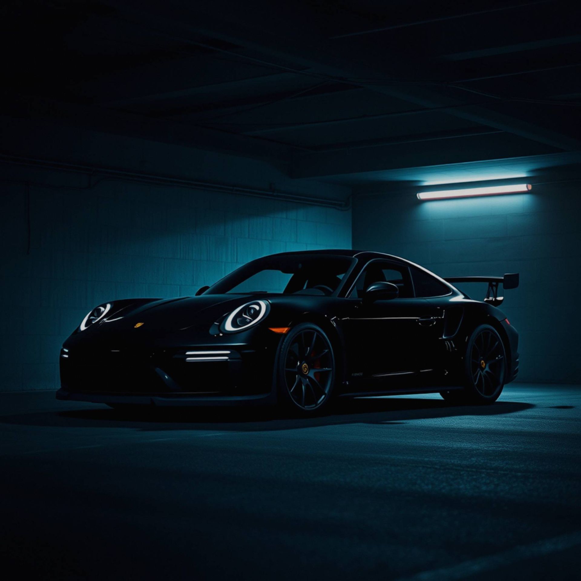 Black Porsche 911 Turbo S parked in an underground garage, single light ...