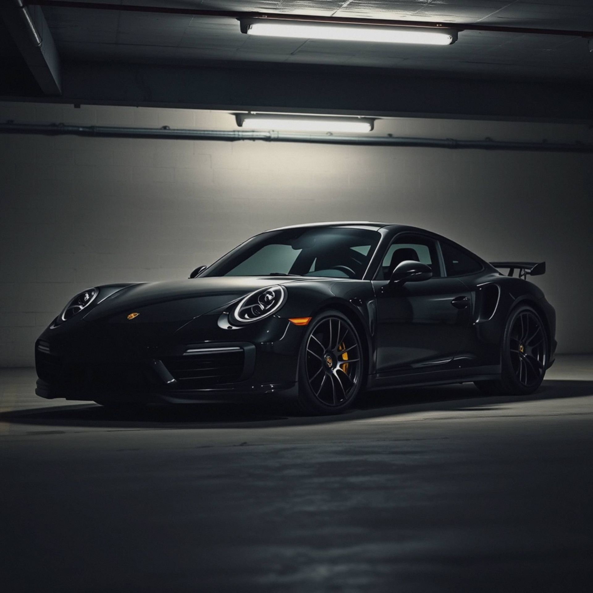 Black Porsche 911 Turbo S parked in an underground garage, single light ...