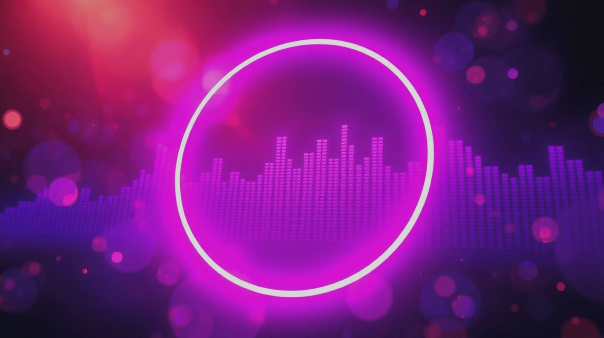A futuristic audio visualizer in the shape of a glowing circle, pulsating to the beat, neon ...