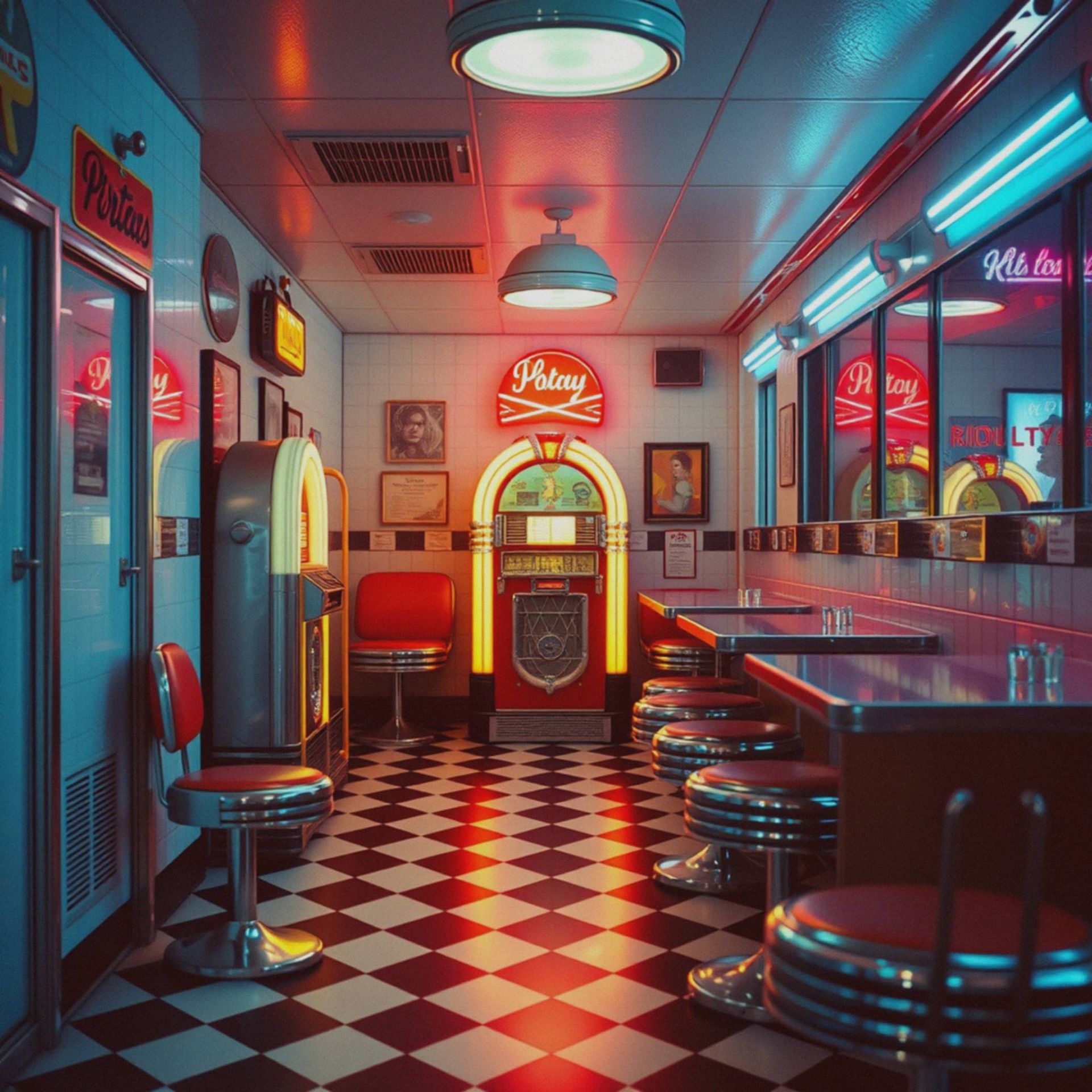 Retro 80s neon diner interior with jukebox, checkered floor, and chrome ...