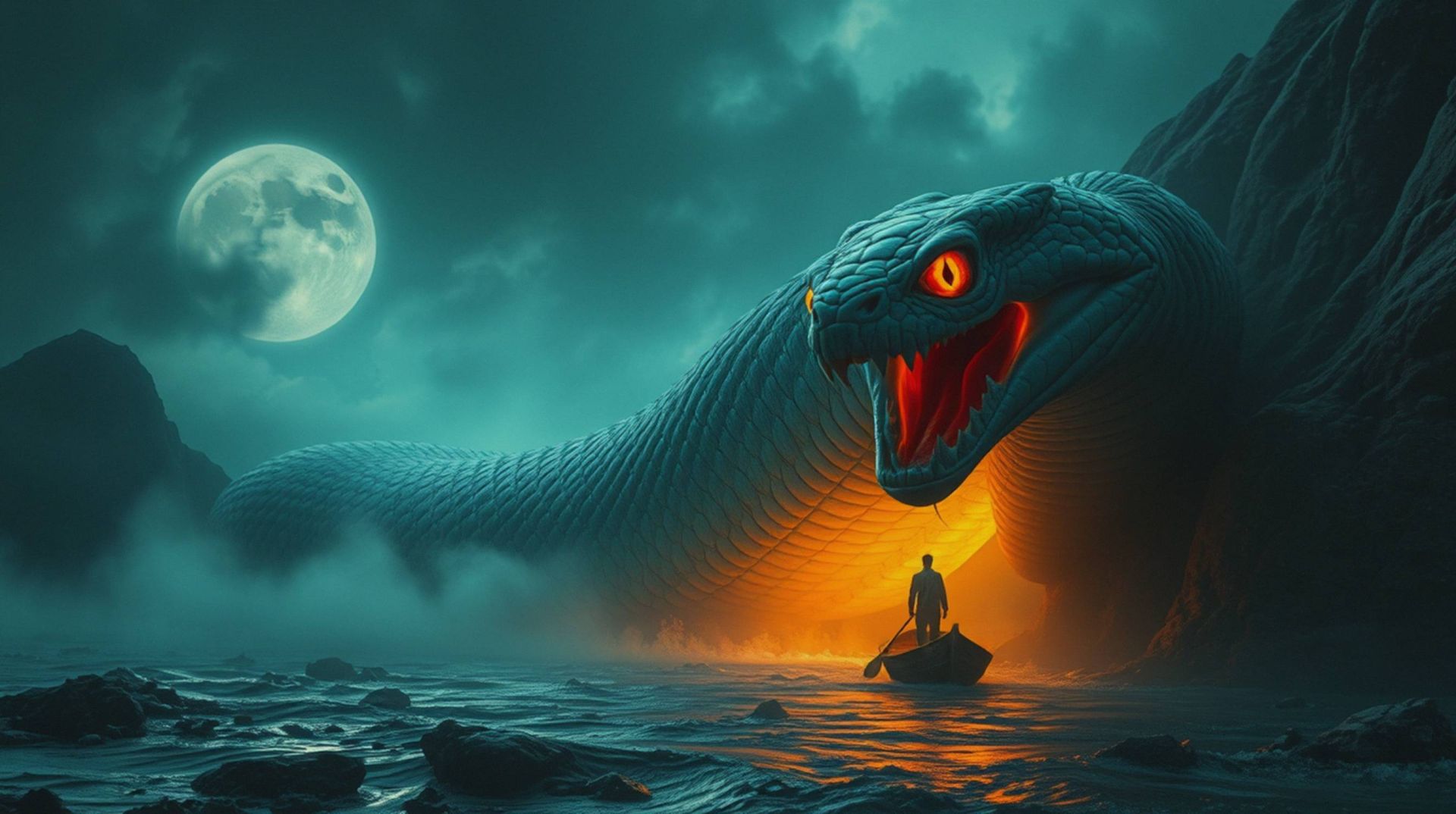 A giant, colossal snake with dark turquoise-green scales and glowing ...