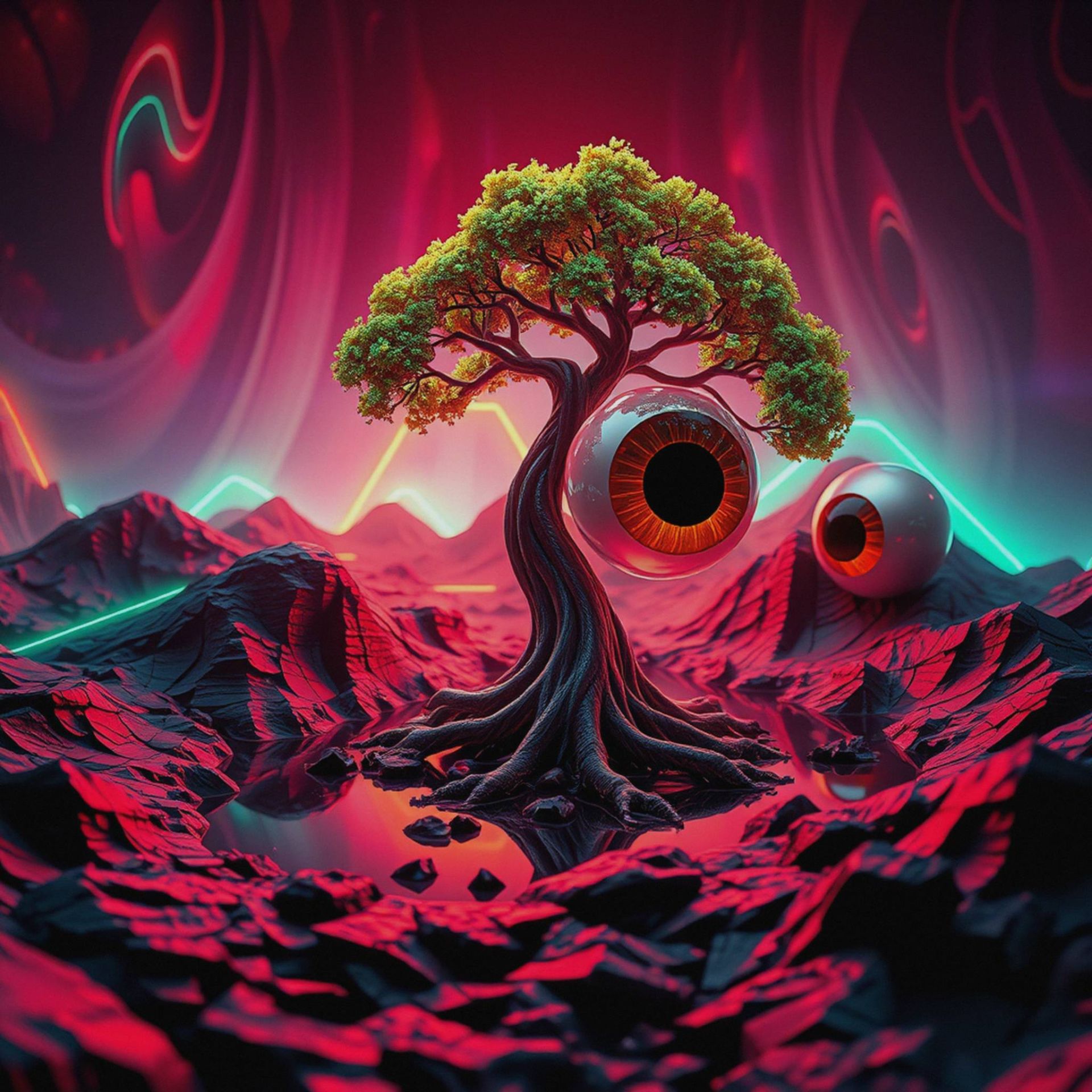 Envision a 3D claymation dreamscape where reality undulates in waves of ...