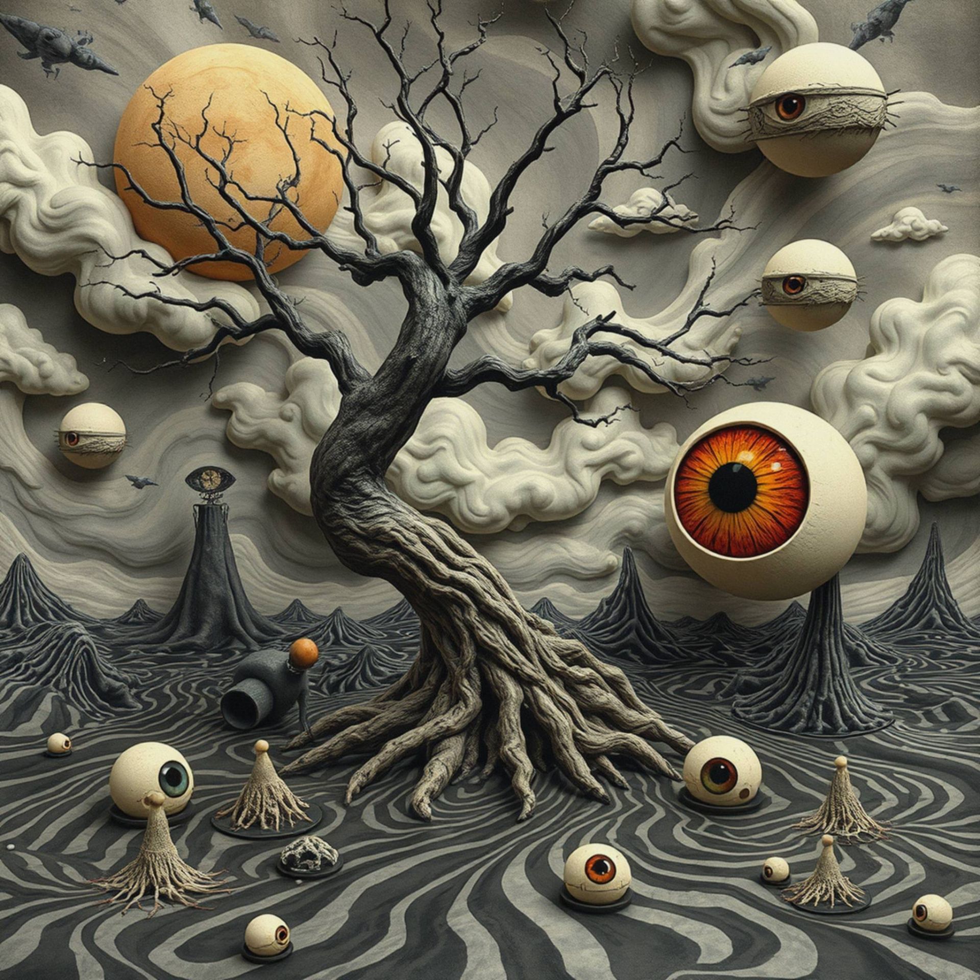 Envision a 3D claymation dreamscape where reality undulates in waves of ...