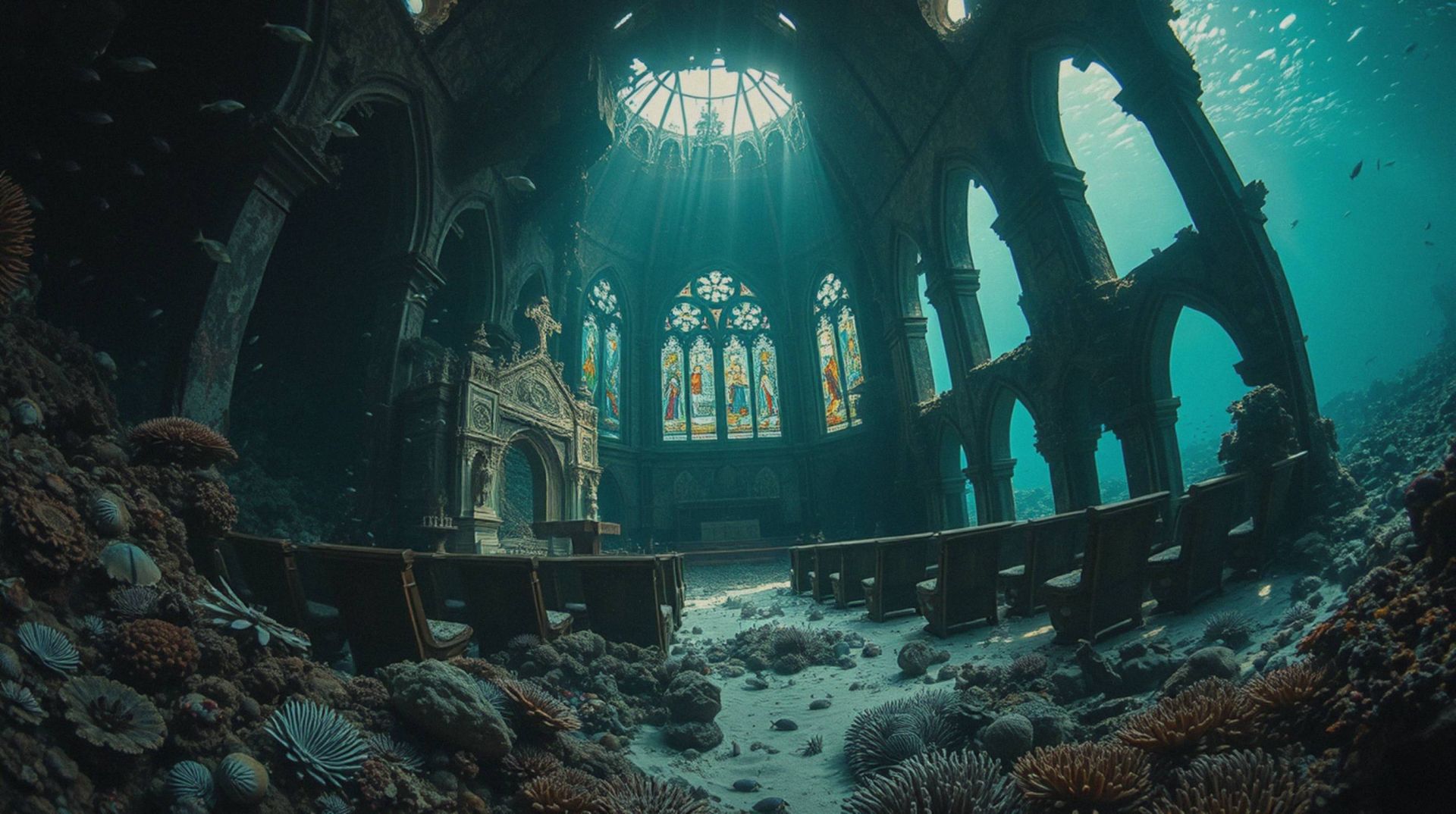 Collapsed underwater church inside coral reef, stained glass shattered ...