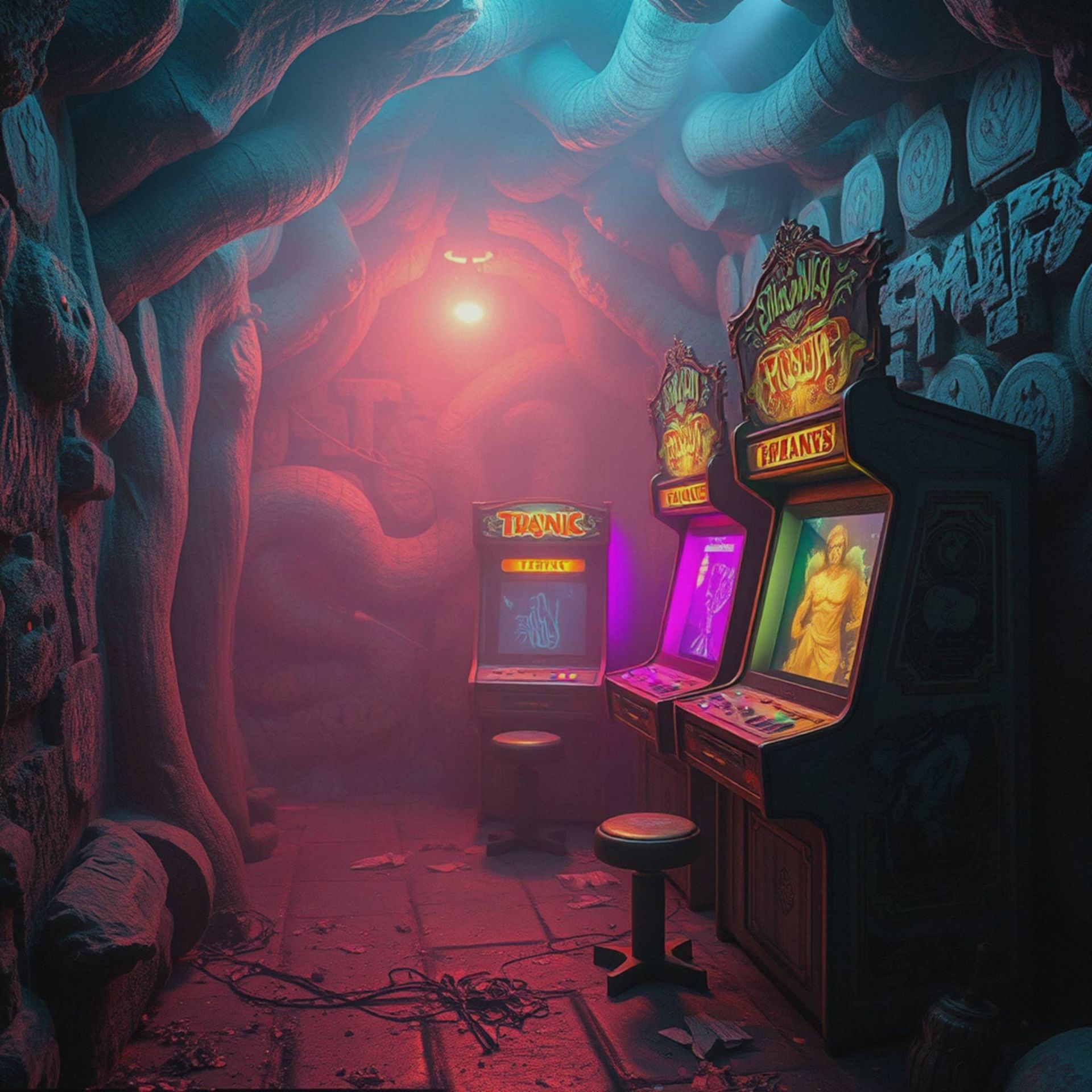 a bunker converted into a retro arcade, concrete walls covered in ...