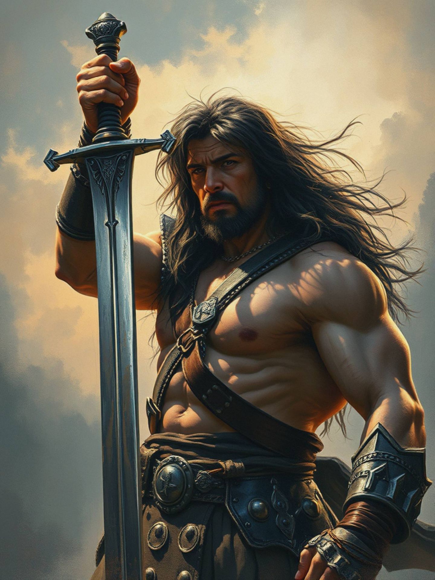 AIFusionArt - Conan the Barbarian holds his sword in an upraised ...