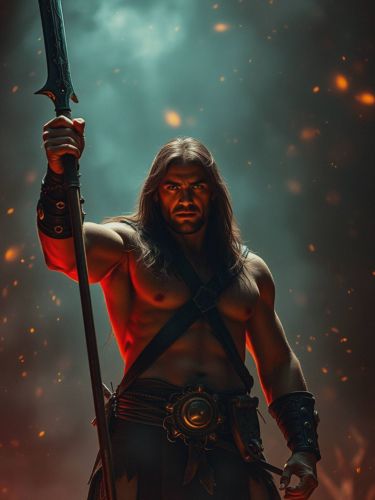Conan the Barbarian holds his sword in an upraised position. – AIFusionArt