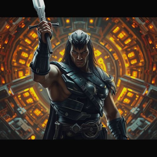 AIFusionArt - Conan the Barbarian holds his sword in an upraised position.