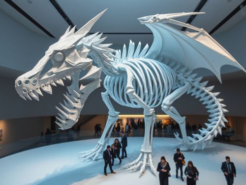 AIFusionArt - Metallic dragon skeleton displayed in a futuristic museum, giant ribcage lit by ...