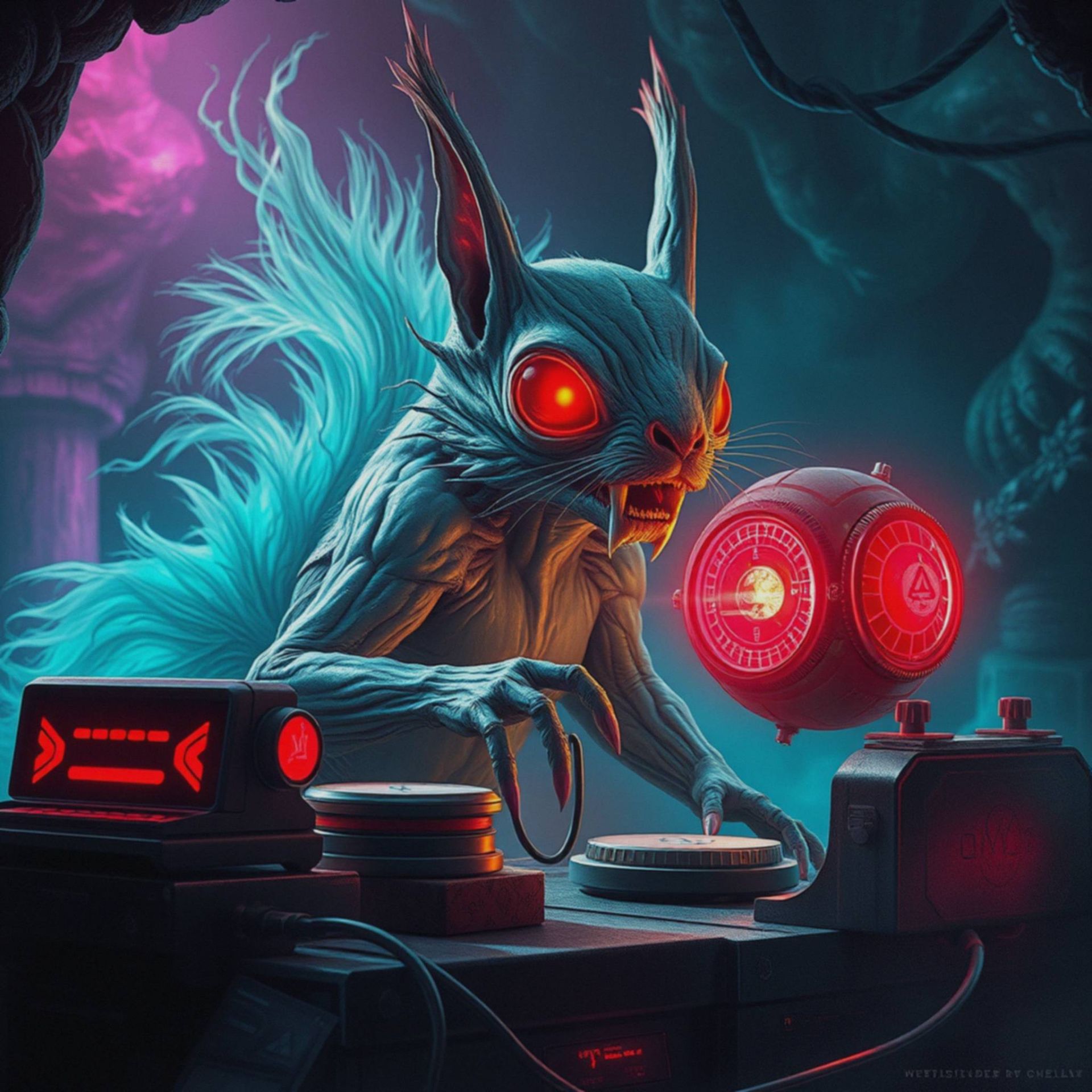 An undead squirrel monster with decaying fur and glowing red eyes sits ...