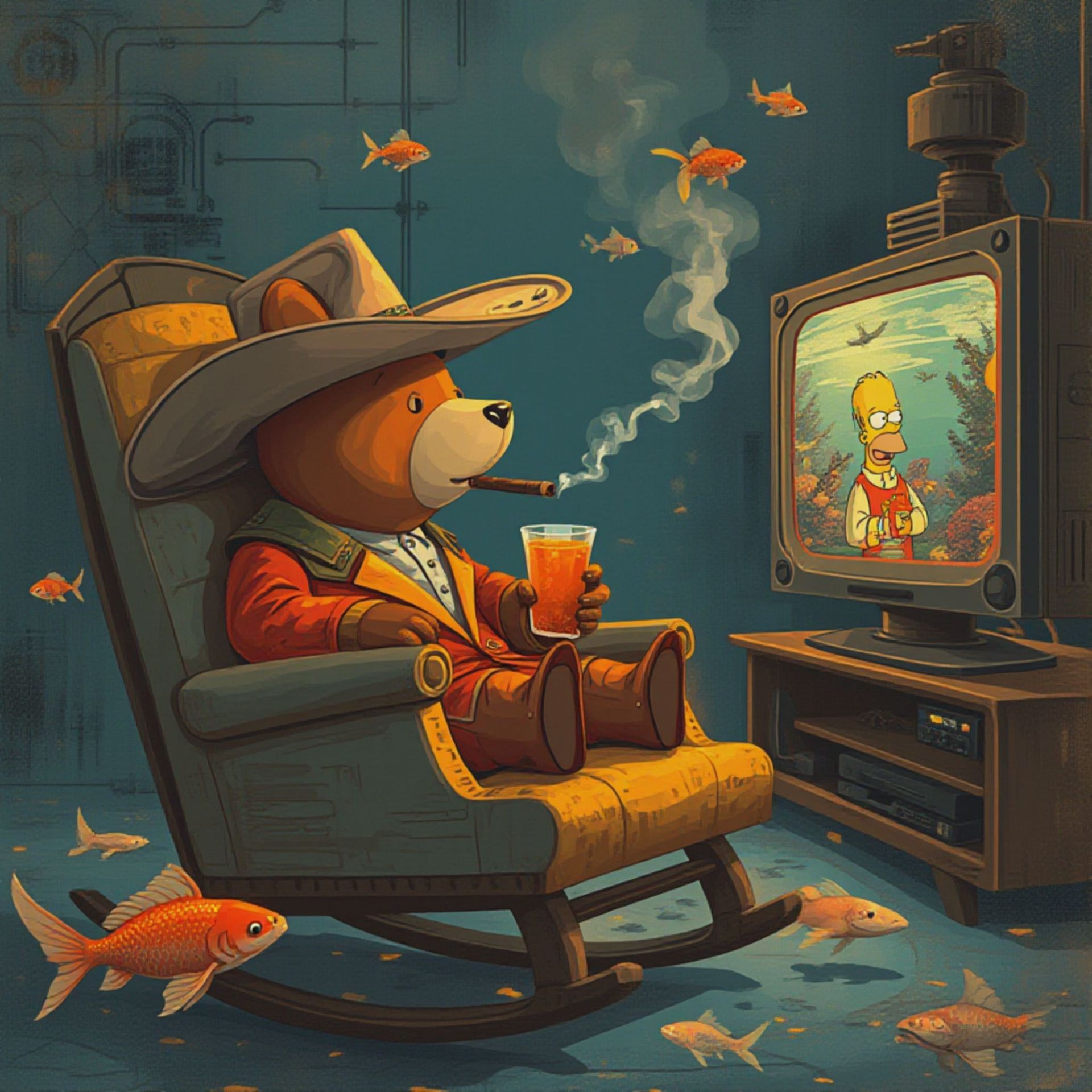 A little bear is sitting in a rocking chair in a cowboy hat and smoking ...