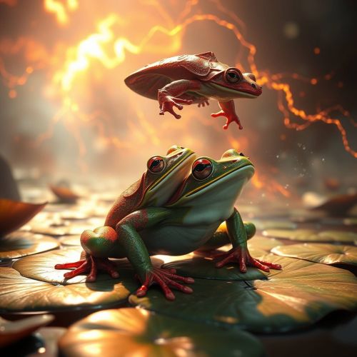 Render in the Blender technique, Create an image of two frogs playing a ...