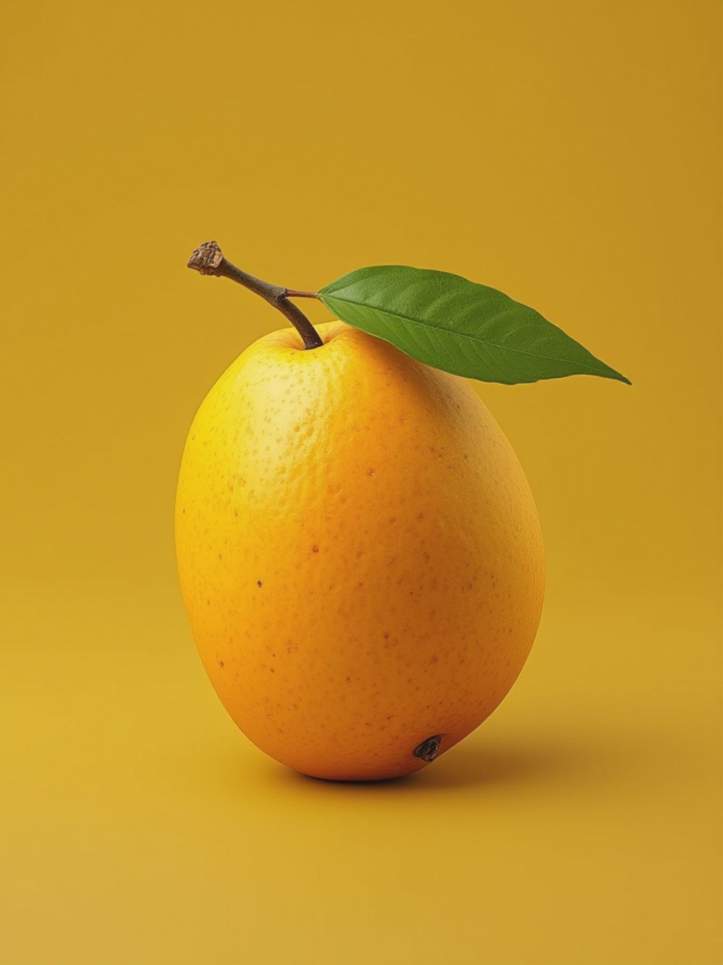a mango, 1 leaf, ((full body)), against yeloow color backdrop, in 100 ...