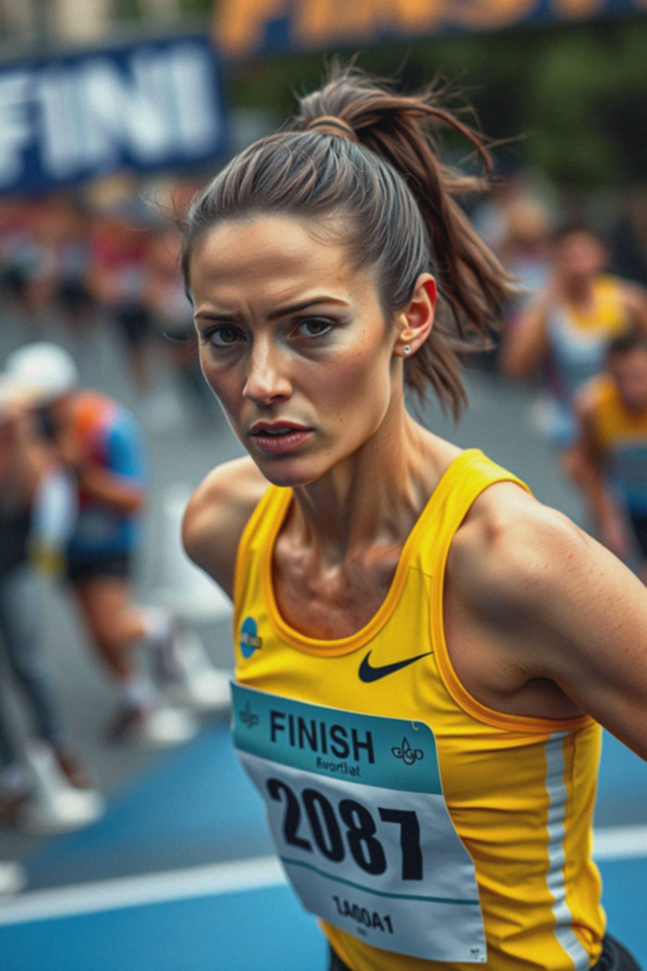 A close-up of a female marathon runner in her late 20s as she ...