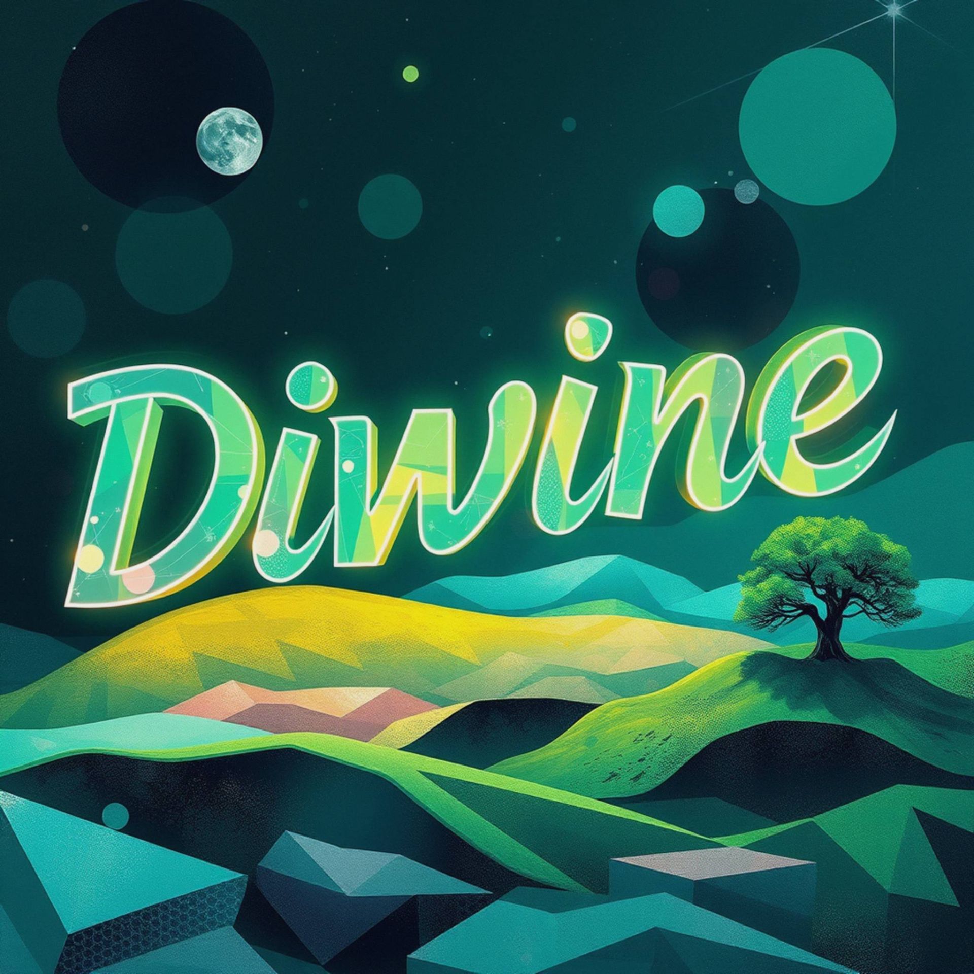 Frutiger Aero aesthetic, the text: Diwine4ik” in glowing 3D letters ...