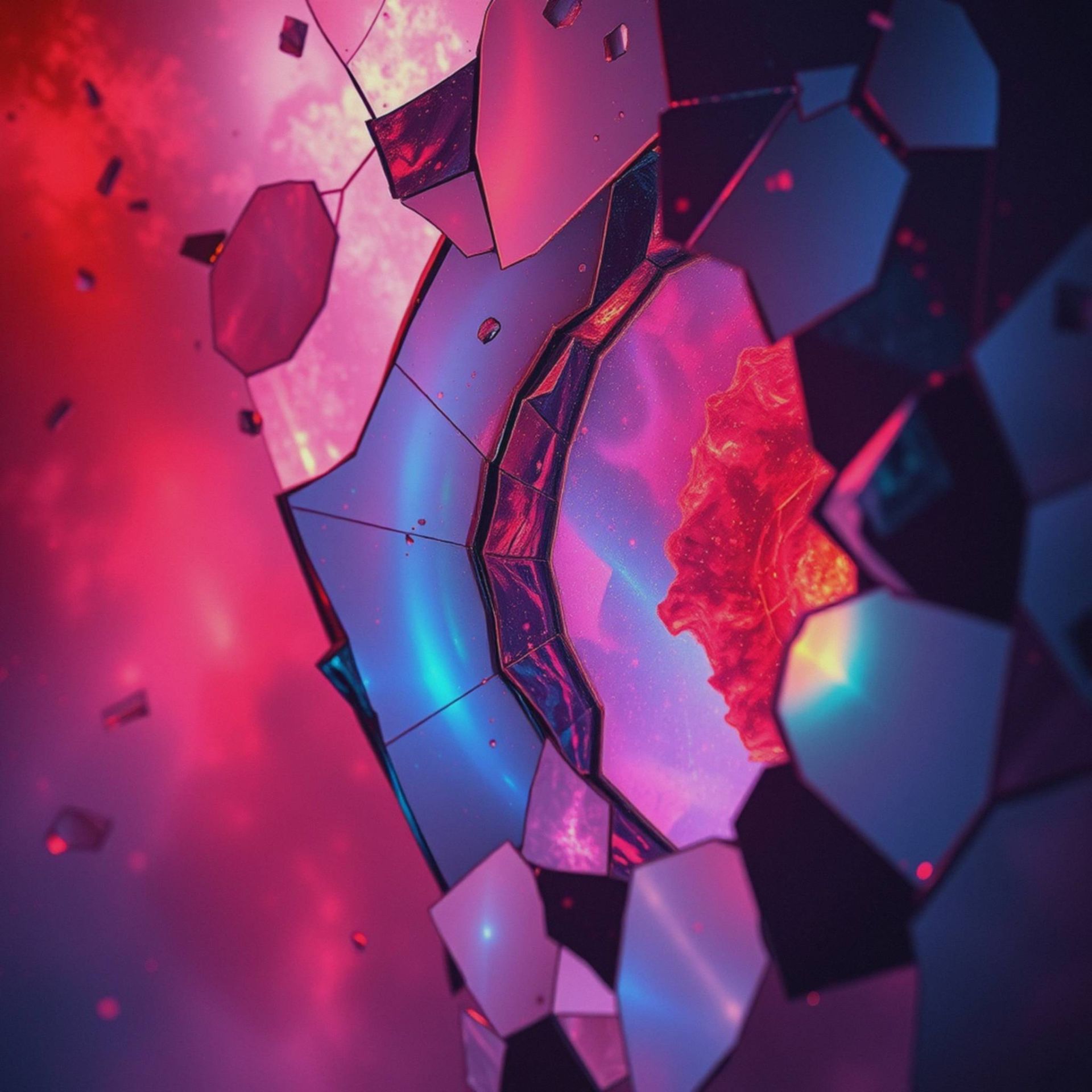 Intricately detailed shards of shattered mirrors reflecting a spectrum ...