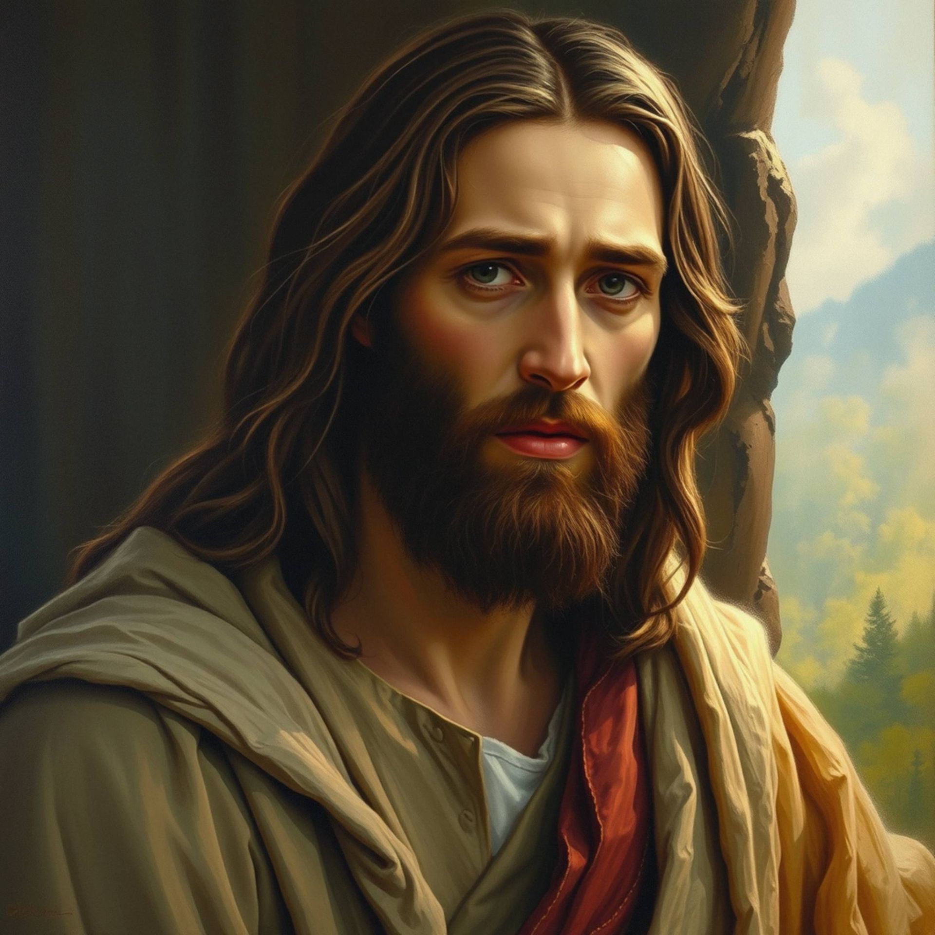 Realistic portrait of Jesus Christ, depicted with serene expression ...