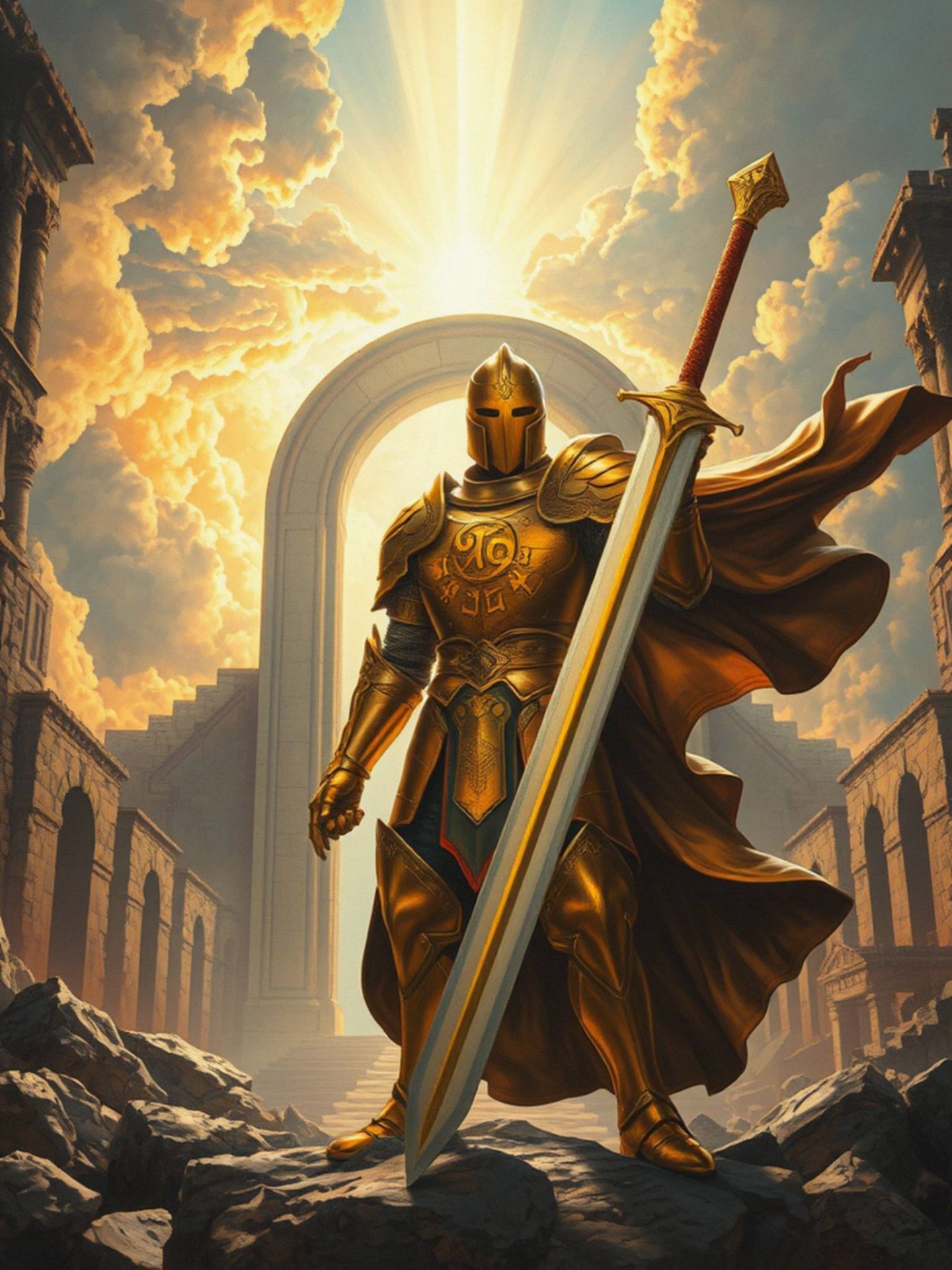 Golden-armored knight with massive sword, glowing runes on chestplate ...